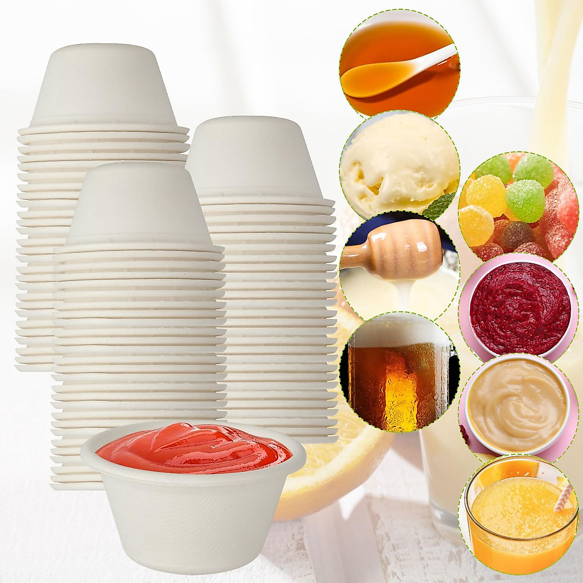 HNBun 500pcs 2oz Disposable Bagasse Fiber Souffle Cups, Natural Compostable Portion Cups Mini Food Sample Cups Tasting Cups for Condiment,Food Tasting,Medicine, White