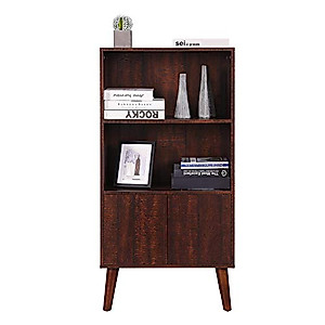 VASAGLE, Walnut Bookcase, 3-Tier Retro Bookshelf with Doors, Storage Cabinet for Books, Photos, Decorations in Living Room, Office, Study, Mid-Century Style, ULBC09BY