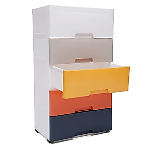 5 Drawer Plastic Drawers Dresser Storage Cabinet Stackable Vertical Clothes Storage Tower with 4 Wheels and Spare Wheel for Hallway Entryway(White, Gray, Yellow, Orange, Blue)