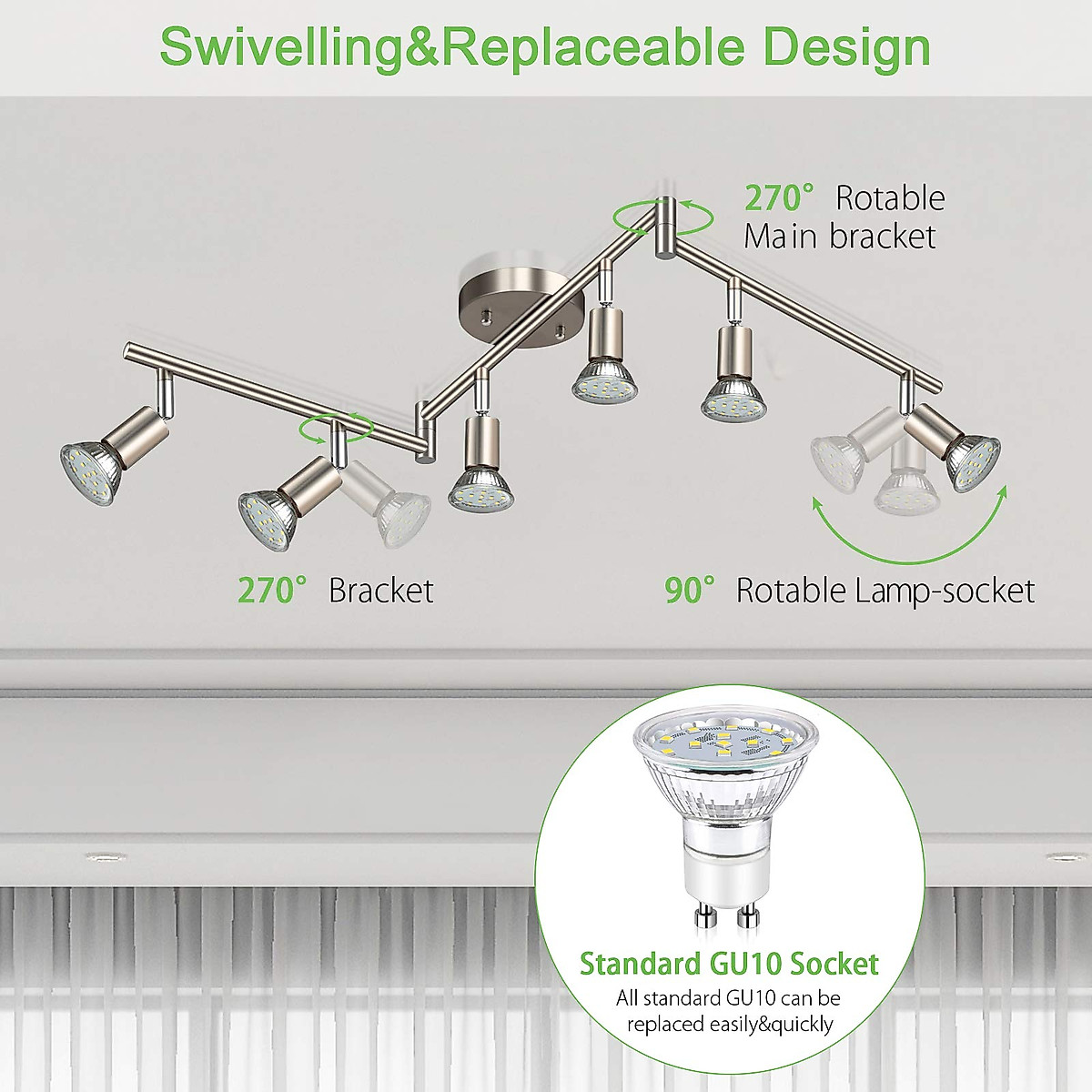 Unicozin LED 6 Light Track Lighting Kit, Matt Nickel 6 Way Ceiling Spot Lighting, Flexibly Rotatable Light Head, Modern Track Light Included 6 x LED GU10 Bulb (4W, Daylight White 5000K, 400LM)