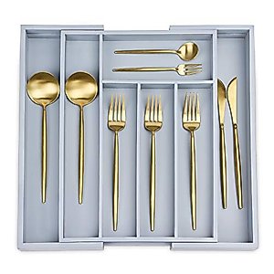 WuGeShop Bamboo Kitchen Drawer Organizer Expandable, Large Flatware Utensil Organizer, Adjustable Silverware Cutlery Tray for Knives, Spoons, Forks (7 Slots, Gray)