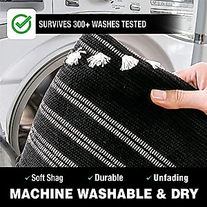 Boho Kitchen Rugs,2'x4.3' Washable Black Bathroom Rug Runner, Cotton Woven Tassels Diamond Soft Indoor Mat Hallways Carpet for Laundry Entryway