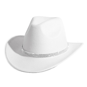 HUDANHUWEI Shiny Rhinestone Cowgirl Hat Bling Wide Brim Cowboy Hat Party Classic White