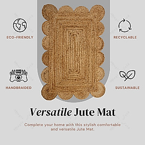 Scalloped Natural Jute Rug 24"X36" Braided jute mat | MagicFold Multipurpose indoor/outdoor doormat, accent rug, kitchen rug, Bath mat | Unique scallop Edge with slim profile (Natural, 2'X3')