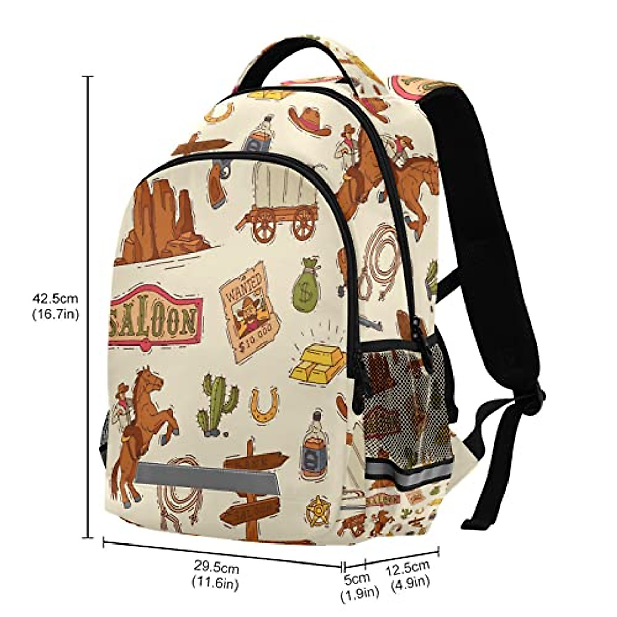 Coloful America Western Cowboy Backpack Laptop Bag Wildlife Lasso Cactus Gold Shoulder Bookbag Casual Travel Camping Daypack Safe Reflective Stripes Large Capacity