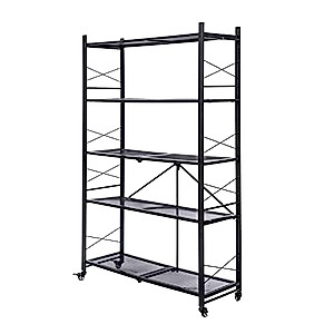 Grezone Foldable Shelves 5 Tier Storage Shelving Unit with Wheels No Assembly Heavy Duty Metal Shelf Rack for Garage Kitchen Hold up to 1250 lbs (39”×13.5”×63”)
