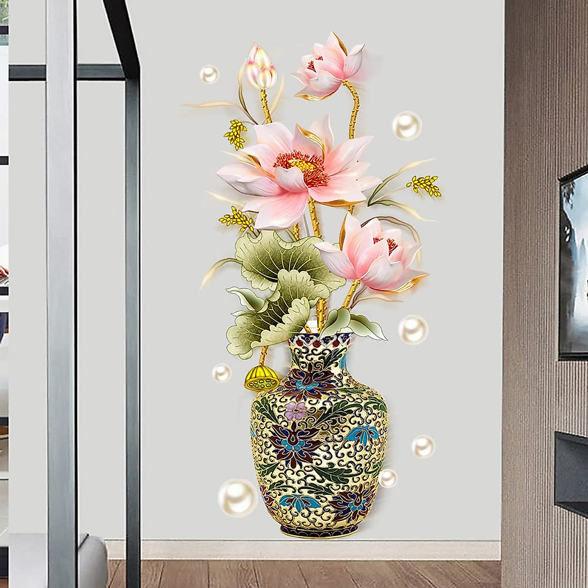 Dechom Chinese Style Lotus Flower Classical Vase Wall Sticker Pearl Living Room Art Wall Decals Home Entrance Backdrop Decoration