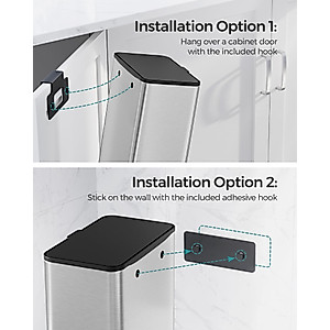 SONGMICS Hanging Trash Can, 2.1-Gallon (8 L) Small Kitchen Garbage Can with Lid, Cabinet Door Hanging or Wall-Mounted with Hooks, for Under Sink, Bathrooms, Metallic Silver ULTB810E08