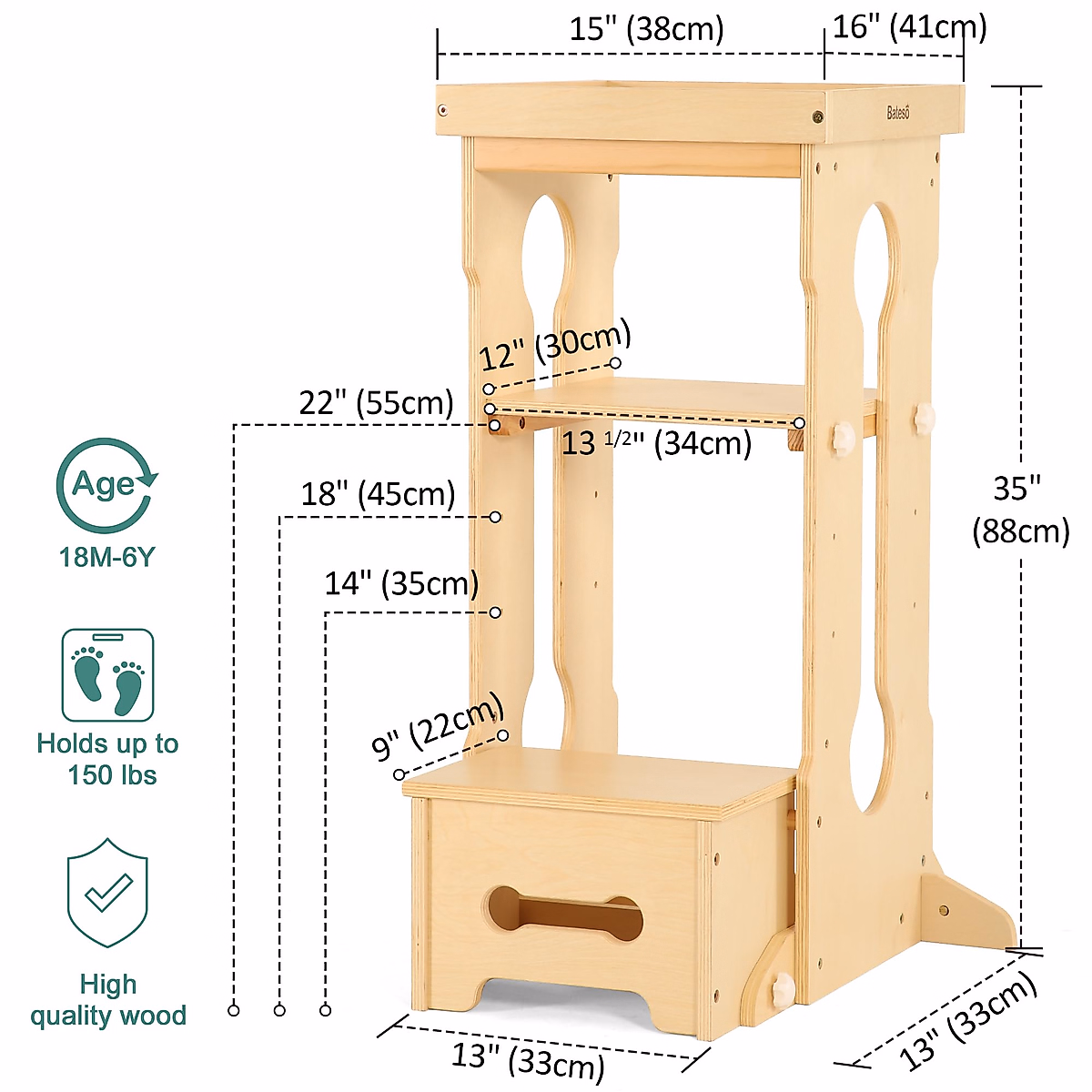 Bateso Toddler Standing Tower, Adjustable Height Toddler Kitchen Stool Helper for Kids 1-6, Toddler Kitchen Step Stool with 2 Detachable Nets, Wooden Montessori Toddler Tower for Kitchen Counter