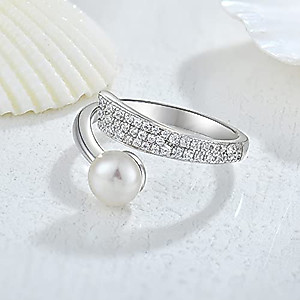 STARCHENIE Pearl Rings for Women Sterling Silver,7mm Pearl Cubic Zirconia Adjustable Rings for Women size7