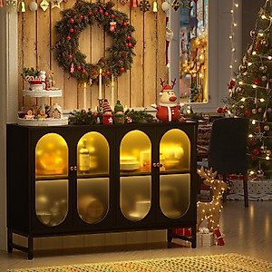 Aheaplus Sideboard Buffet Cabinet with Power Outlet, Kitchen Sideboard Storage Cabinet with LED Light, 4 Doors, Modern Accent Cabinet Coffee Bar Cabinet Console Table for Kitchen Dining Room, Black