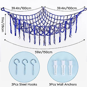 Basumee Stuffed Animals Net or Hammock Toy Storage Organizer Toy Hammock Hanging Stuffed Animals Storage Holder with Tassels for Nursery Kids Bedroom Room Wall Décor, Blue