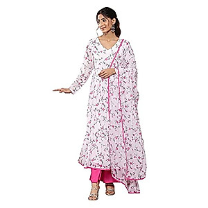 Janasya Indian Women's White Georgette Floral Printed Kurta with Flared Palazzo and Dupatta(J0451-KR-PP-ICH-XXL)