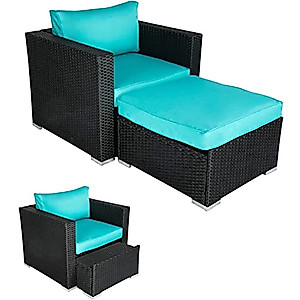 Kinsunny Wicker Furniture Single Chair with Ottoman, Black PE Wicker Additional Seats for Sectional Sofa
