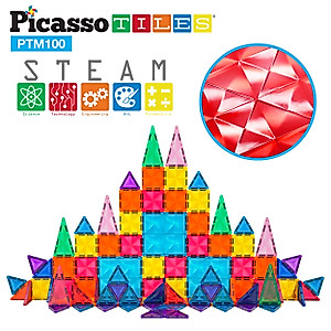 PicassoTiles 100 PC Magnetic Mini Tiles + Carry Case: STEAM Educational Playset for Kids Includes Travel Storage Organizer - Fun Learning, Construction, Engineering, and Sensory Development Gift Idea