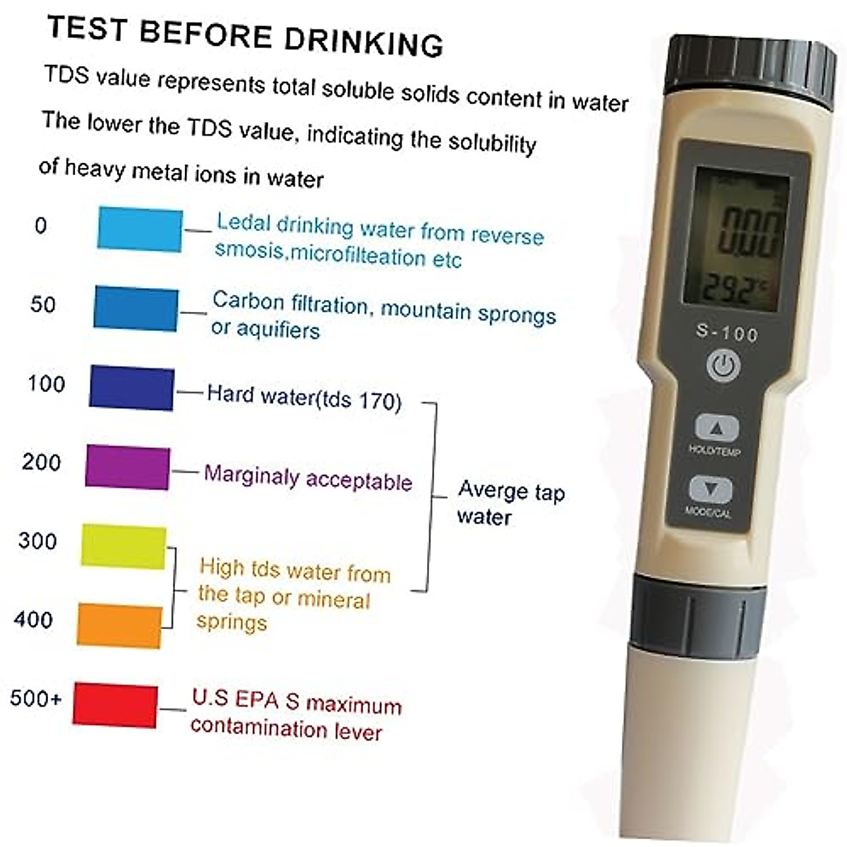 MUCKLILY Water Quality Tester Hydrometers Salt Meter Water Salimeter Automatic Hydrometer Salt Water Gravimeter Tds Water Quality Testing Pen Temperature Tester Light Grey