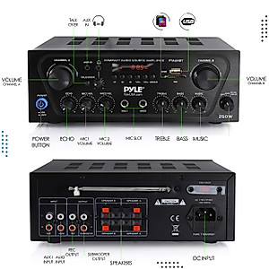 Pyle -Upgraded- 2 Channel Karaoke Home Audio Amplifier w/Bluetooth for Streaming, AUX-in, USB, 2 Microphone Input w/Echo Effect, Talkover for PA, Compact Footprint, Black