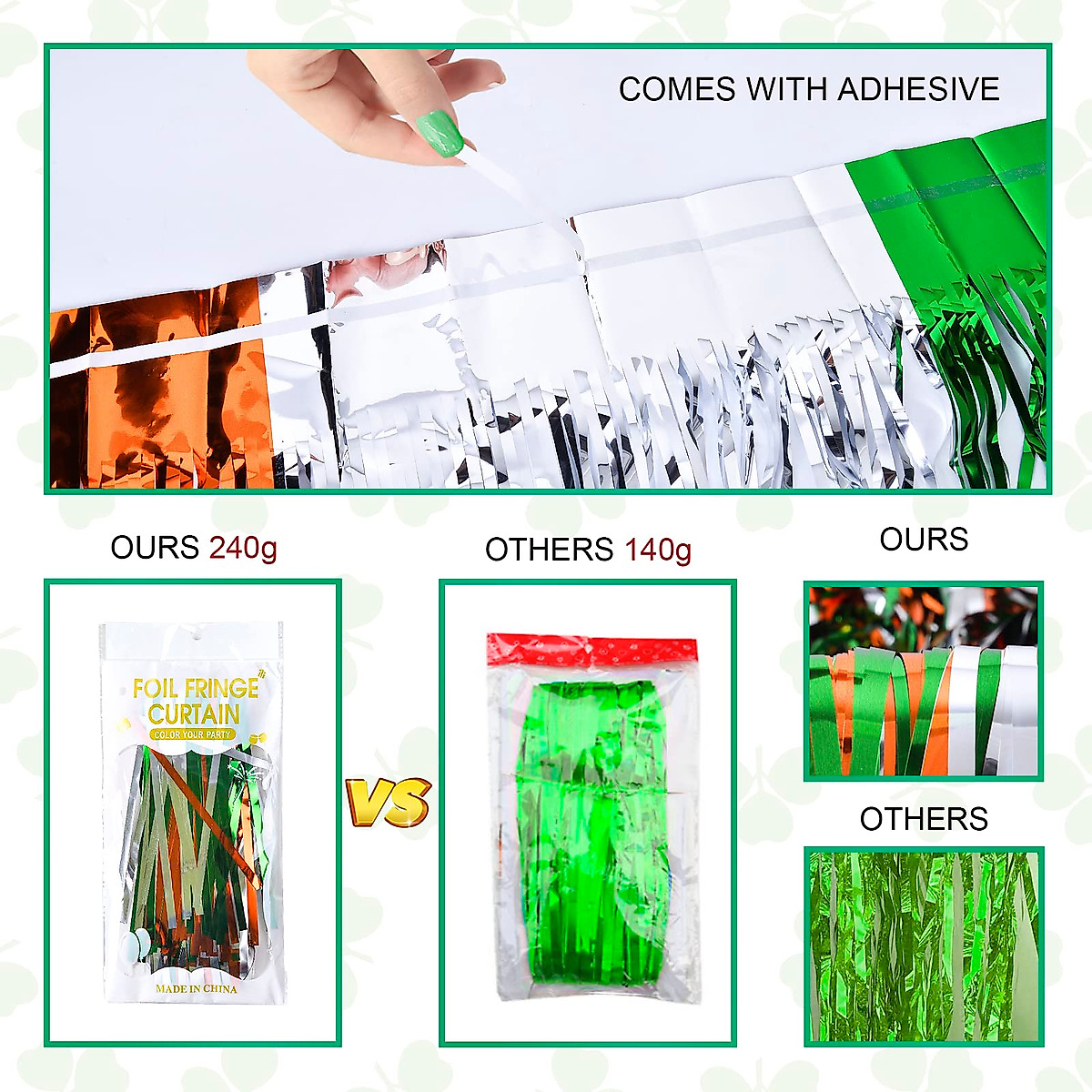 LOLStar 3 Pack St. Patrick's Day Foil Fringe Curtains St Patricks Day Party Decoration 3.3x6.6 ft Green White Orange Tinsel Fringe Curtain Photo Booth Prop Streamer Backdrop for Irish Party Decoration
