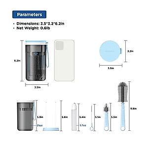 TechoEcho Baby Travel Essential Bottle Cleaner Kit with Silicone Bottle Brush，Built-in Snap-on Drying Rack，Silicone Nipple-Shaped Brush，2 Straw Brushes，Bottle Soap Dispenser，Bottle Warmer Bowl.(Blue)