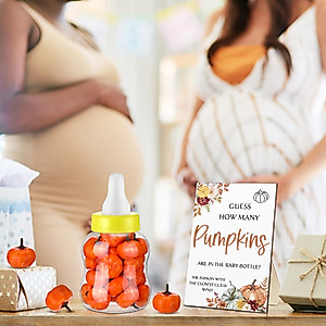 Seenelling 152 Pcs Fall Baby Shower Games Guess How Many Pumpkins Game Stand Sign 100 Pumpkins Guessing Cards 20 Pencils 1 Large Baby Bottle 30 Pumpkins for Guests Gender Reveal Party Game Decorations