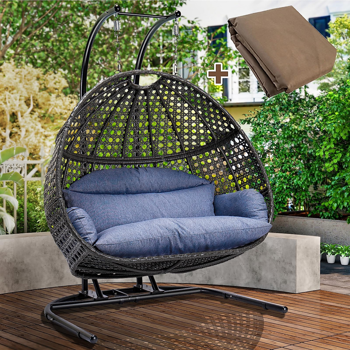 2 Person Swing Chair with Stand, X-Large Wicker Rattan Hanging Egg Chair Loveseat Chair with Cushion and Cover for Indoor Outdoor Bedroom Patio Garden (Black Frame + Dusty Blue Cushion)