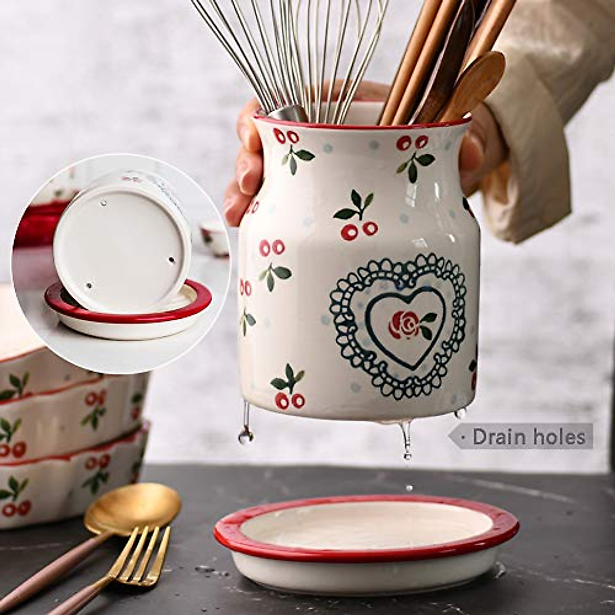 Ceramic Utensil Holder Vintage Style Kitchen Utensil Caddy Antique Design Cooking Utensil Organizer Country Style Utensil Crock for Cooking Enthuziast,White