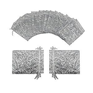 Ankirol 100pcs Sheer Organza Favor Bags for Wedding Baby Shower Rattan Print Gift Bags Samples Display Drawstring Pouches (4x6, Silver)