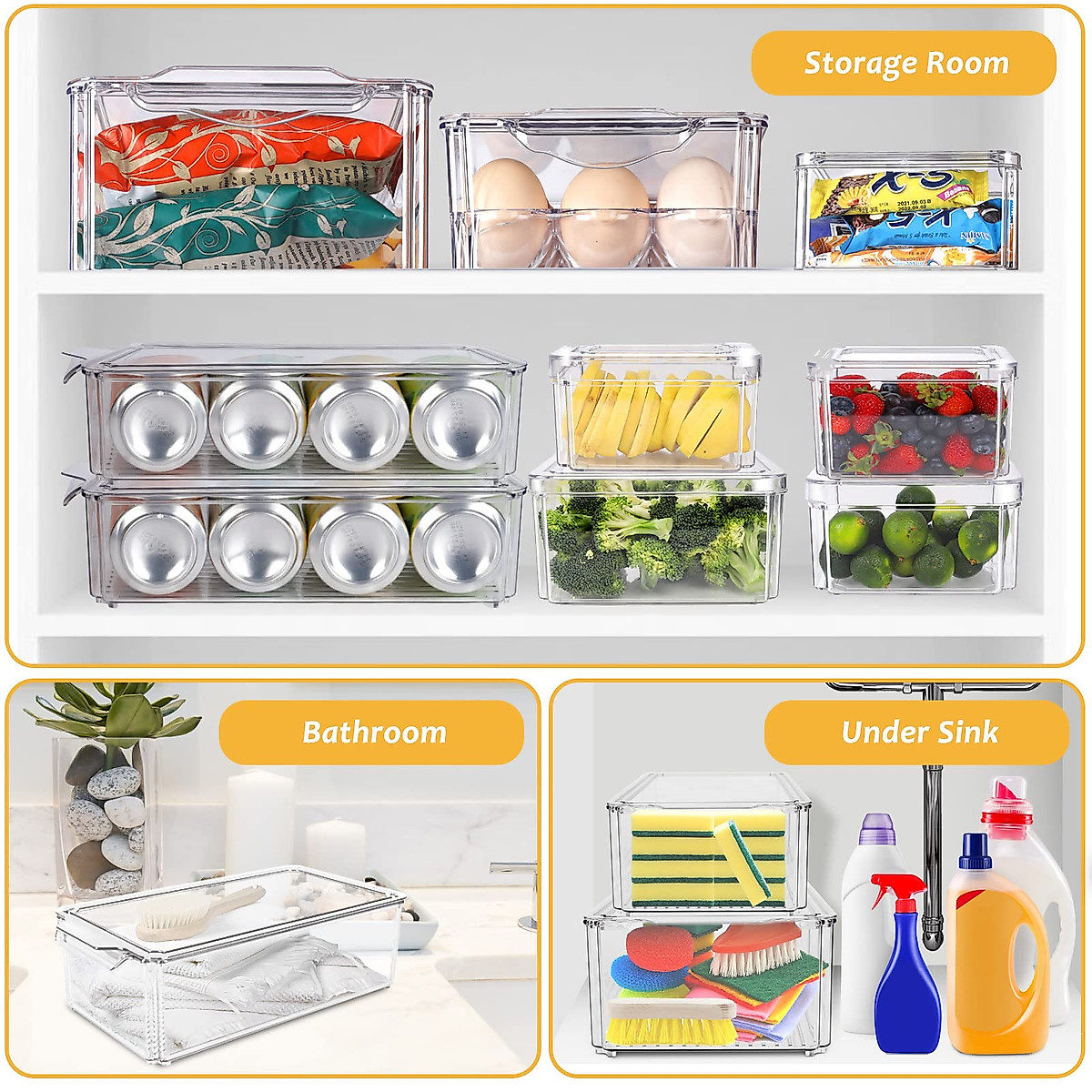 Zvonema ZNM Refrigerator Organizer Bins, 13 Pack Stackable Plastic Fridge Organizers, Storage Clear Bin with Handle for Kitchen, Freezer, Cabinet, Countertops Organization - BPA Free