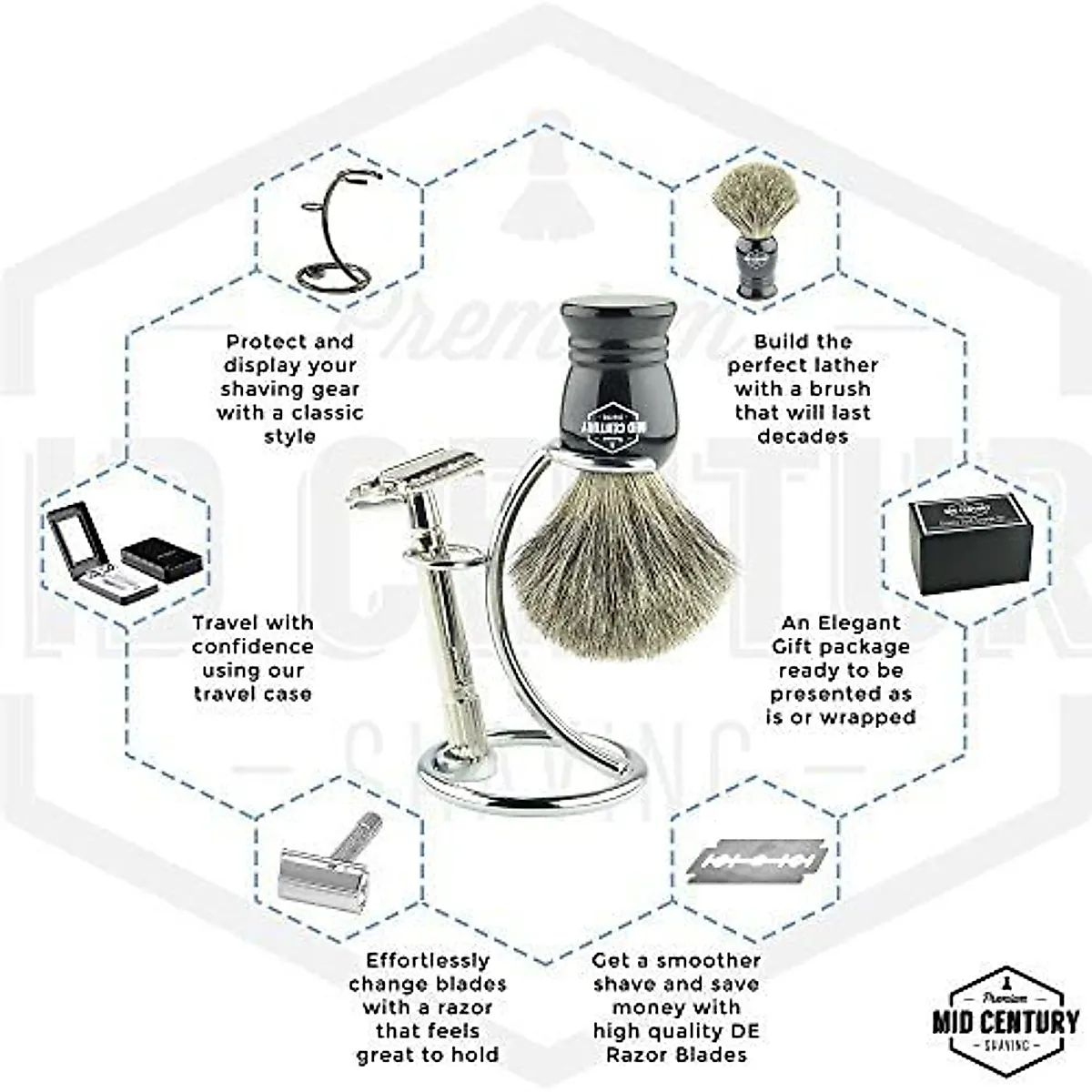 MCS Premium Safety Razor Shaving Kit: Complete Wet Shave Set w/Double Edge Razor, Pure Badger Brush, Heavy Chrome Stand, Travel Case, Extra Blades & Gift Box (Black)