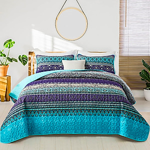 WONGS BEDDING Boho Quilt King Size, Blue Purple Bohemian King Quilt, Lightweight Microfiber Bed Decor Bedspread for All Season 103"x90"(3 Pieces)