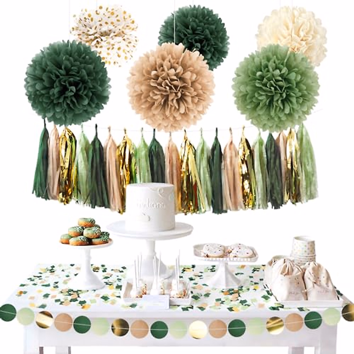 AOBKIAT Sage Green Wedding Party Decorations,28 PCS Tissue Paper Pom Poms,Circle Dots Garland Paper Tassels Hanging Backdrop for Girl Women Birthday,Bridal Baby Shower,Boho Wedding Party Supplies