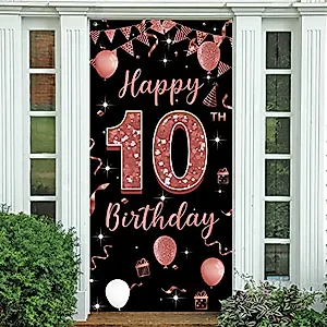 10th Birthday Decorations Backdrop Door Banner, Happy 10th Birthday Decoration for Girl, Black Rose Gold 10 Year Old Birthday Party Door Poster Decoration, Ten Birthday Decor, Fabric 6.1ft x 3ft PHXEY