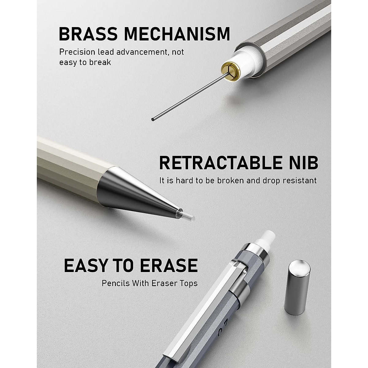 Nicpro 2 PCS 0.5 mm Metal Mechanical Pencils Set, Drafting Pencil for Artist Writing, Sketching, Drawing, with 4 Tubes HB Lead Refill & Erasers, Erasers Refills & Storage Case