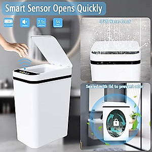 jinligogo Bathroom Small Trash Can with Lid, 2.6 Gallon Touchless Automatic Garbage Can Slim Waterproof Motion Sensor Smart Trash Bin for Bedroom, Office, Living Room-White