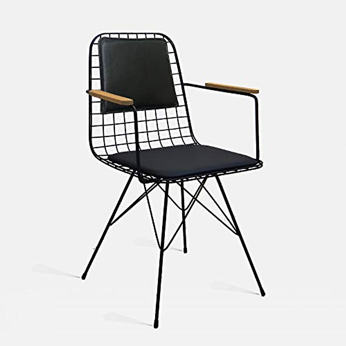 THEIA TASARIM STARLEG Metal Dining Side Arm Chair | Mid Century Modern Wire Design Kitchen Chairs with Faux Leather Seat & Back Pad | Dining Room Arm Chair for Cafe & Bistro | Set of 2 Indoor-Outdoor