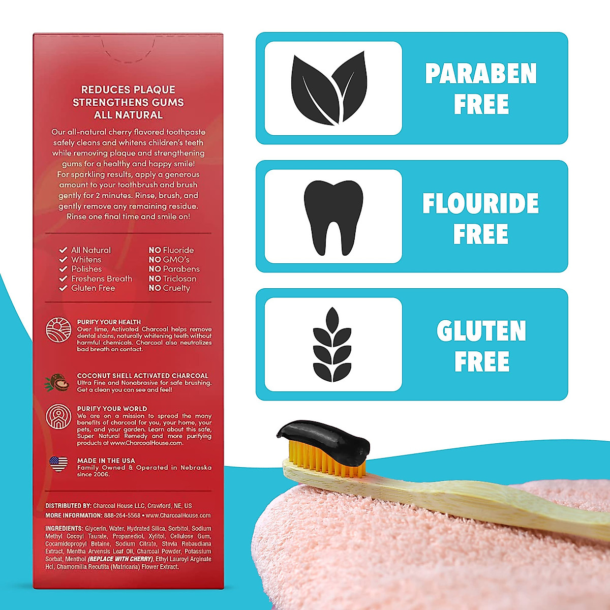 Charcoal House Activated Charcoal Teeth Whitening Toothpaste for Kids | Non-Toxic, Teeth Whitening, Natural Cherry Flavor, Fluoride Free, Natural, Vegan