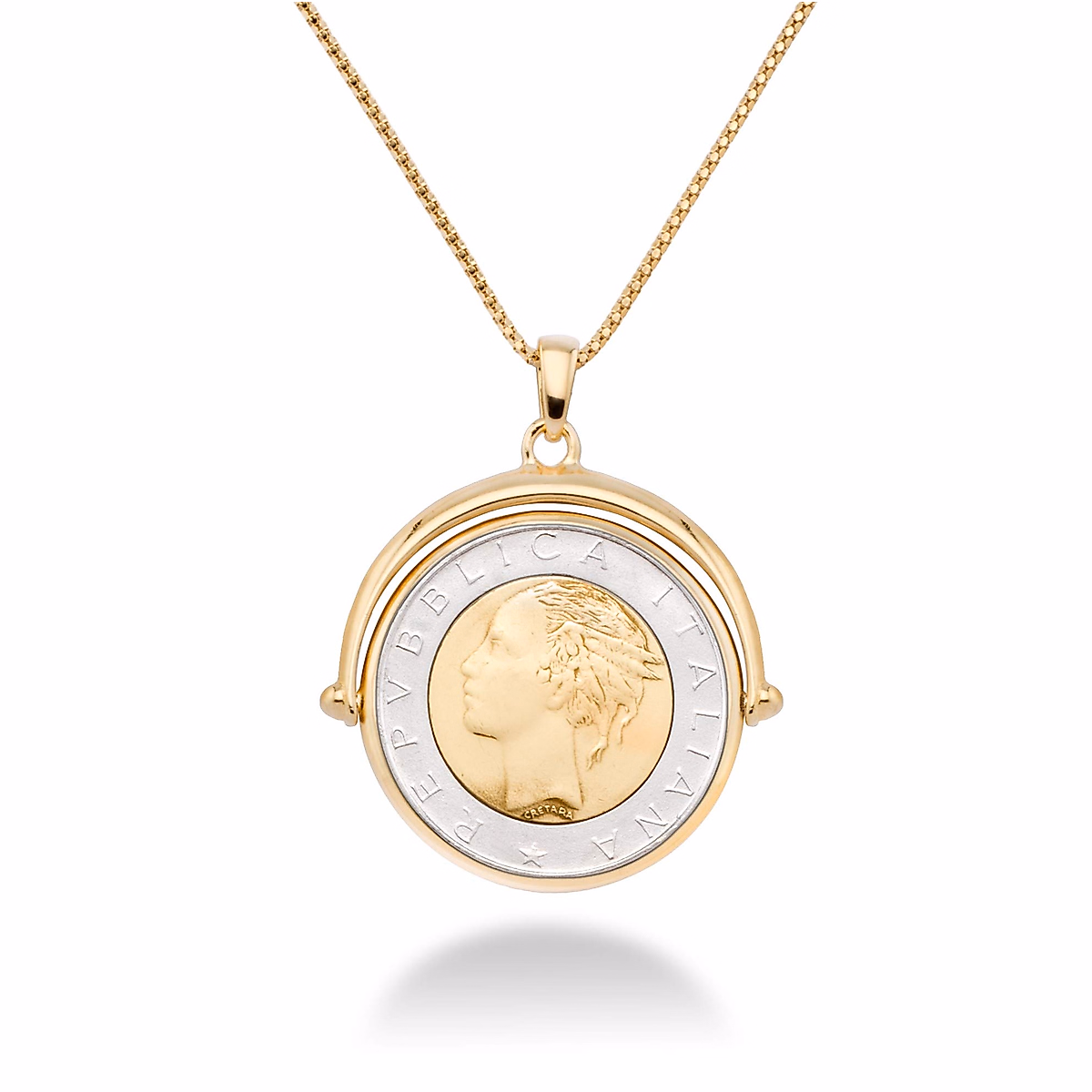 Miabella 18K Gold Over 925 Sterling Silver Italian Genuine 500-Lira Reversible Flip Coin Pendant Chain Necklace for Women, Chain Medallion Made in Italy (Length 20 Inches)
