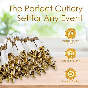 50 Gold Wrapped Plastic Cutlery Set with Napkin - By Zulzzy- Individually Pre Rolled Gold Silverware Disposable Ideal for Parties, Weddings, 50 Forks, Spoons & Knives with White Napkins