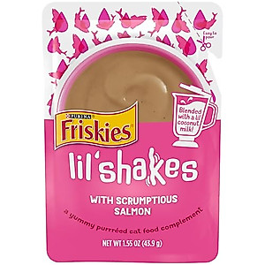 Purina Friskies Pureed Cat Food Topper, Lil’ Shakes With Scrumptious Salmon Lickable Cat Treats - (Pack of 16) 1.55 oz. Pouches