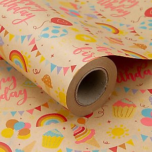 RUSPEPA Kraft Wrapping Paper Roll - Birthday Theme Design Great for Birthday, Party, Baby Shower Wrap - 24 inches X 100 feet