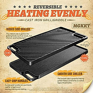 1-Piece 16.50 Inch Cast Iron Griddle Plate | Reversible Pre-Seasoned Cast Iron Grill Pan for Gas Stovetop | Double Sided Used on Open Fire & in Oven | Pre-Coated With Oil