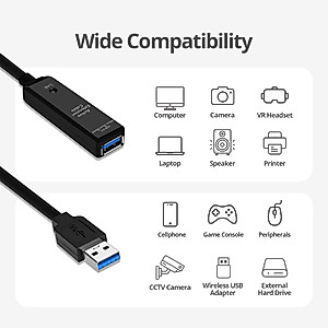 SIIG USB 3.0 Active Repeater Cable 15-Meters, USB Extension Cable for USB Flash Drive, Hard Drive, VR, Printer, Camera (JU-CB0711-S1)