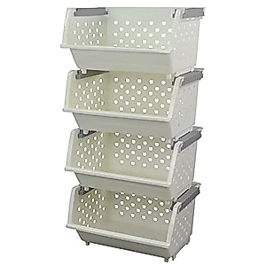 Kekow 4-Pack Plastic Large Stacking Organizer Basket, Stackable Storage Basket, White