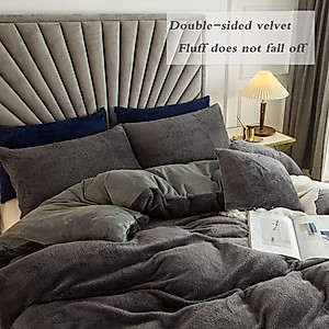 JSZS Velvet Plush Shaggy Duvet Cover Set,Luxury Ultra Soft Fluffy Duvet Cover Set,Winter Fuzzy Duvet Cover Set, (1 Faux Fur Duvet Cover +2 Faux Fur Pillow,Full/Queen,Dark Gray)