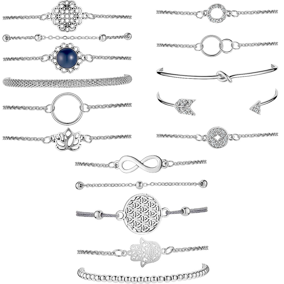 Hicarer 16 Piece Layered Bracelet Set Vintage Flower Hand Chain Beaded Bracelet Adjustable Charm Pendent Stack Bracelet