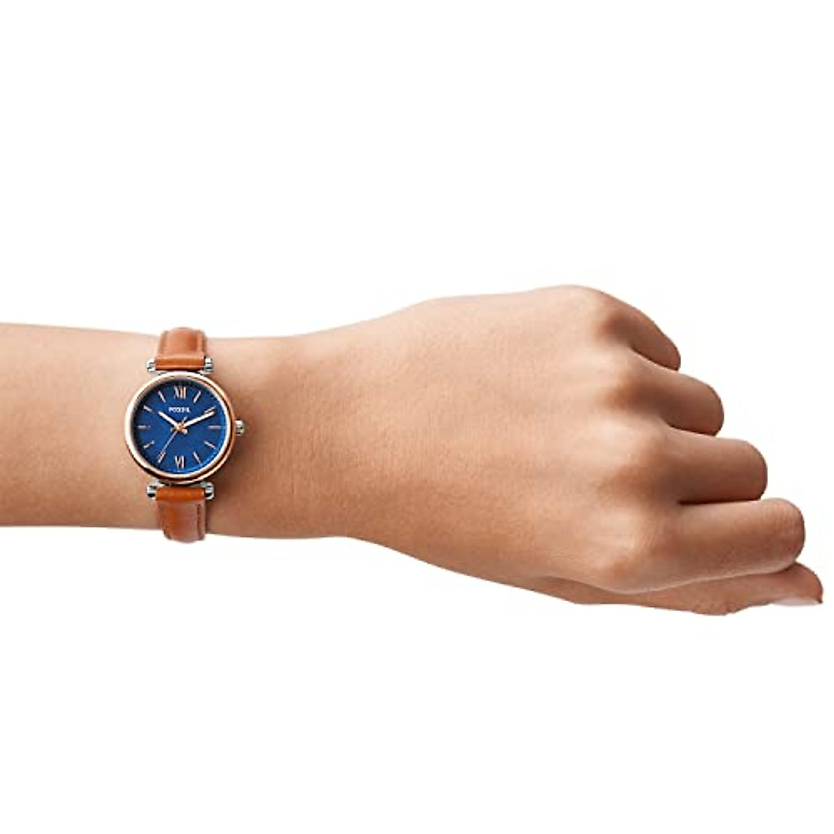 Fossil Women's Carlie Mini Quartz Stainless Steel and Leather Watch, Color: Rose Gold/Silver, Luggage (Model: ES4701)