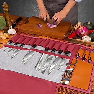 DEQIS Knife Roll Chef Waxed Canvas Bag Storage 13 Slots and 1 Large Zipper Pocket Carry Shoulder Strap Handle and Name Card Professional Folding Cooking Tools Case Organizer,Knives Not Included,Red