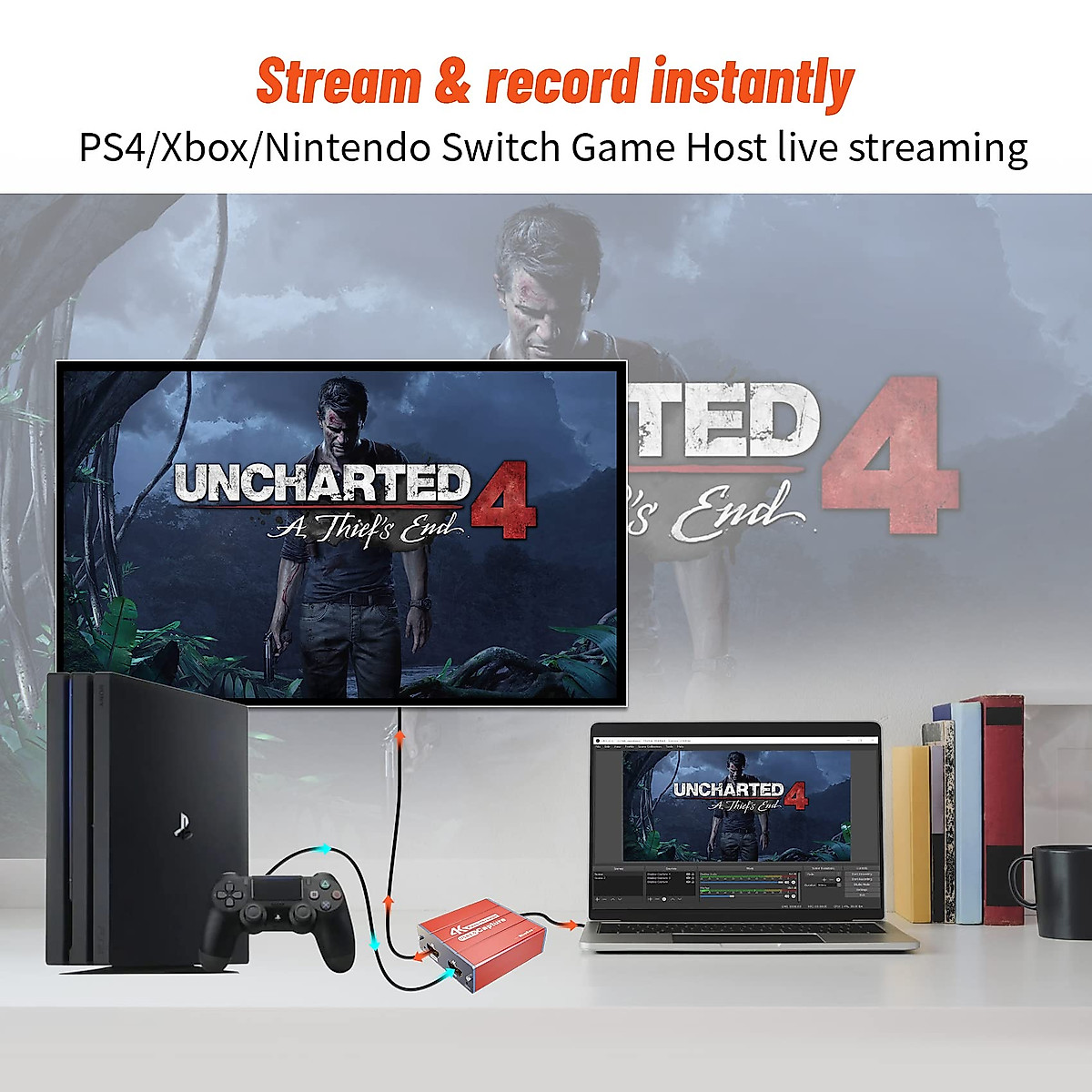 Mirabox USB3.0 4K HDMI Video Capture Card, 1080P 60FPS HD Game Capture Device Cam Link with HDMI Passthrough Work with Xbox PS5 PS4 Switch DSLR for OBS Twitch Live Streaming and Recording (Orange)