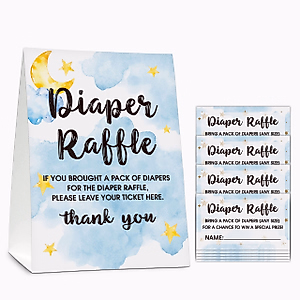 Gihyan Diaper Raffle Baby Shower Game Set(1 Standing Sign + 50 Guessing Cards), Moon and Star Diaper Raffle Tickets for Baby Shower, Twinkle Twinkle Little Star Baby Shower Party Favor Decor - A25