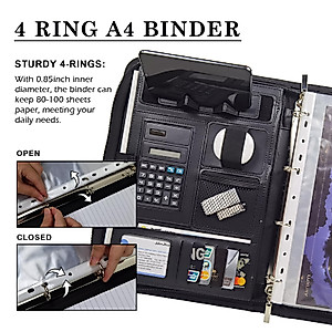 A4 Leather Portfolio Padfolio Refillable 4-Ring Binder with Zipper,Professional Business Document Organizer for Man Women with Magnetic Carrying Handle (Grey)